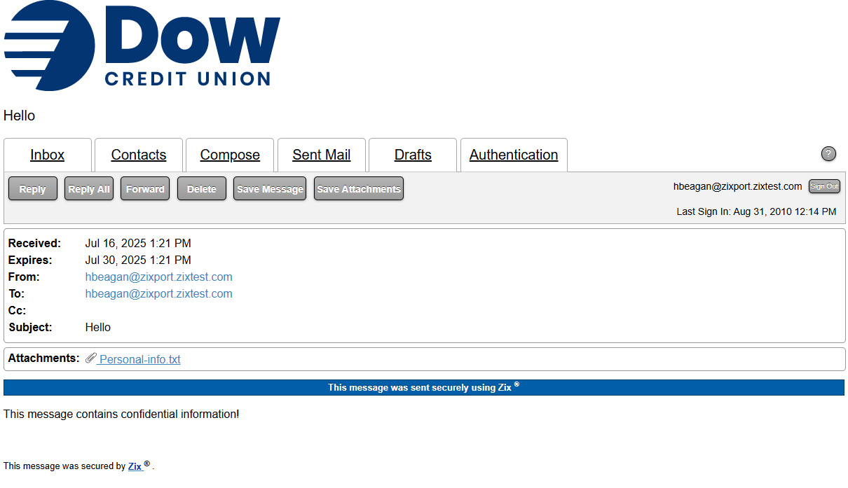 Receiving Encrypted Email - Dow Credit Union | ZixAware