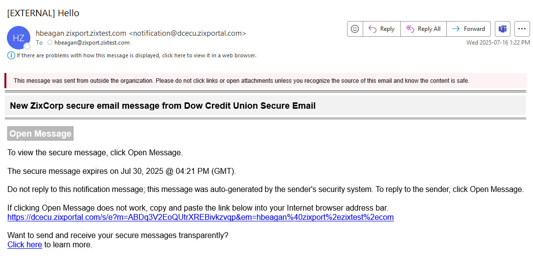 Receiving Encrypted Email - Dow Credit Union | ZixAware